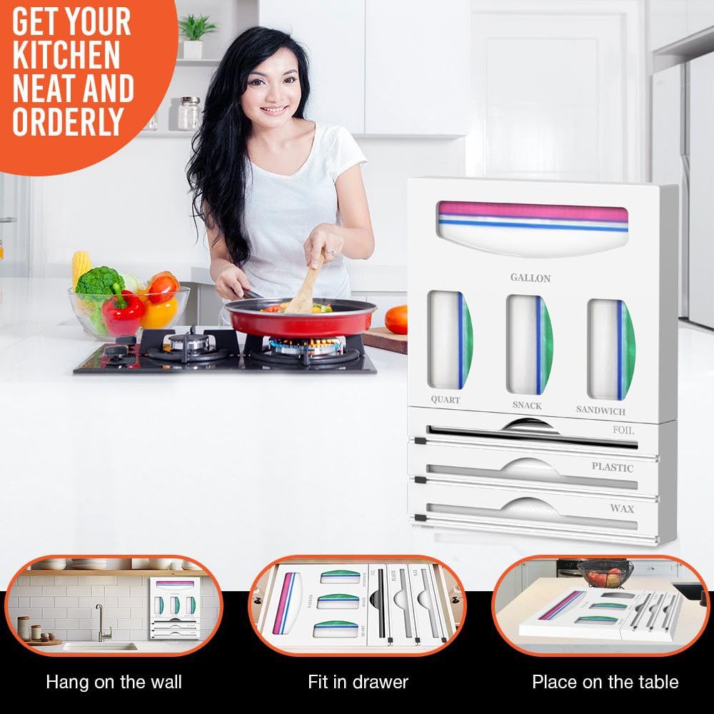 White Ziplock Bag Storage Organizer for kitchen Drawer | Plastic Wrap Organizer Dispenser with Cutter| Bamboo Ziploc Baggie Holder | Compatible with Ziploc Baggie Organizer | Bamboo Plastic Bag Dispenser for Gallon, Quart, Snack Sandwich bags & Plastic Fo