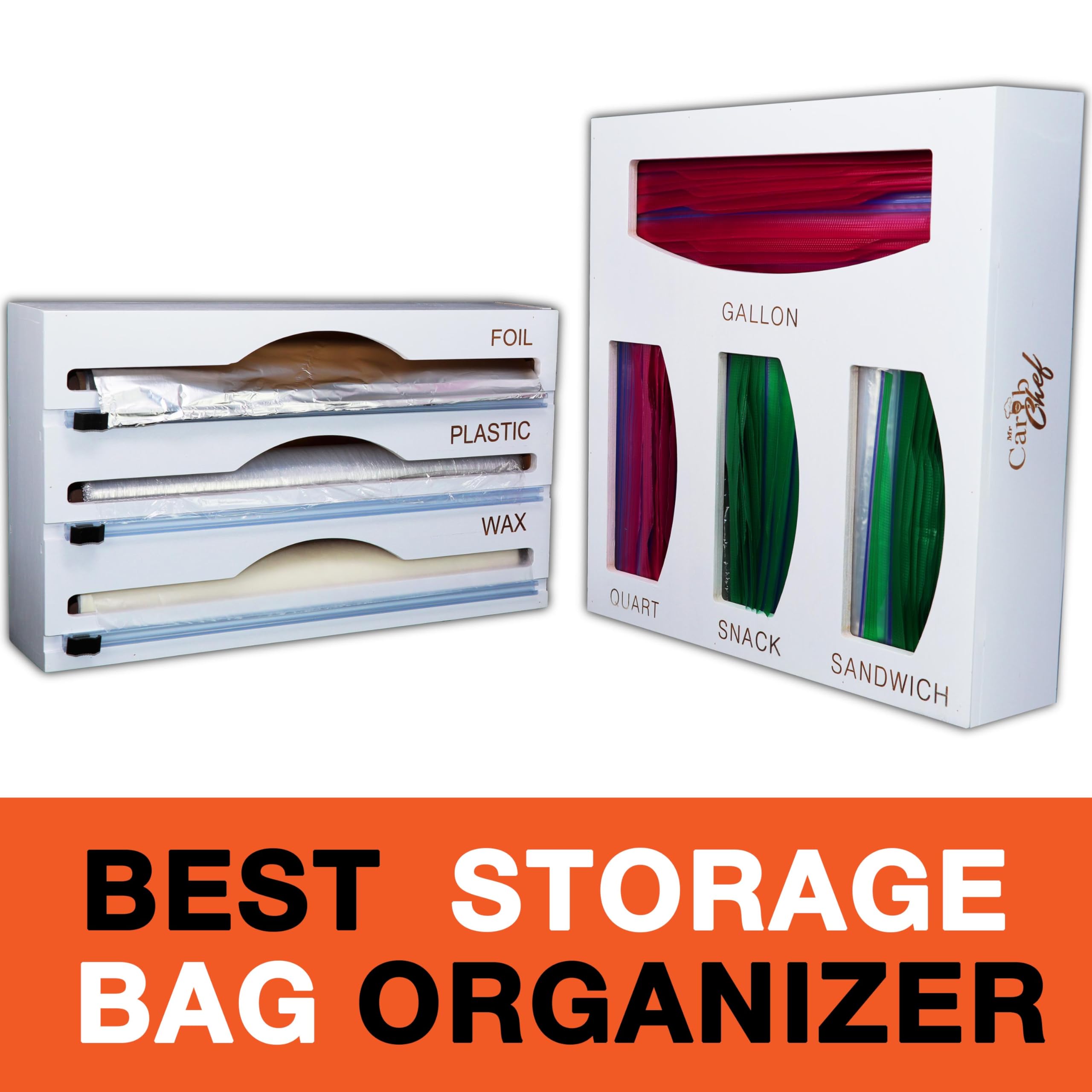 White Ziplock Bag Storage Organizer for kitchen Drawer | Plastic Wrap Organizer Dispenser with Cutter| Bamboo Ziploc Baggie Holder | Compatible with Ziploc Baggie Organizer | Bamboo Plastic Bag Dispenser for Gallon, Quart, Snack Sandwich bags & Plastic Fo