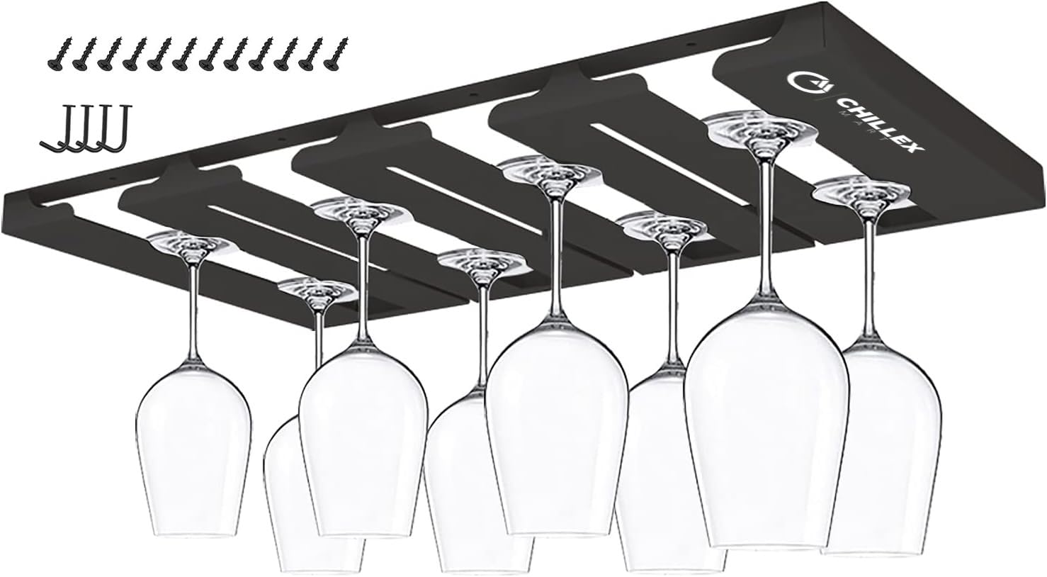 CHILLEX MART - Wine Glass Holder Under Cabinet & Shelf, Wine Glass Hangers Stemware Wine Rack, Hanging Wine Glass Rack with 3 Free Mug Hooks for Kitchen & bar Restaurant Storage (Black, 4 Rows)
