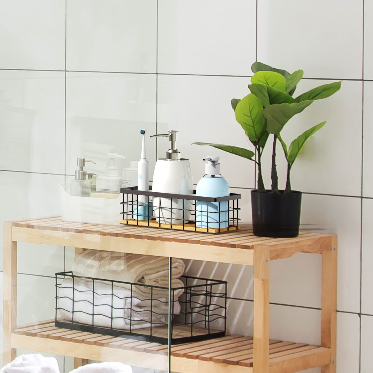 Brown Small Metal Wire Storage Basket, Detachable Wood Base, Cabinet Organization and Storage, for Pantry, Snack Drawer, Kitchen Cabinets, Bathroom