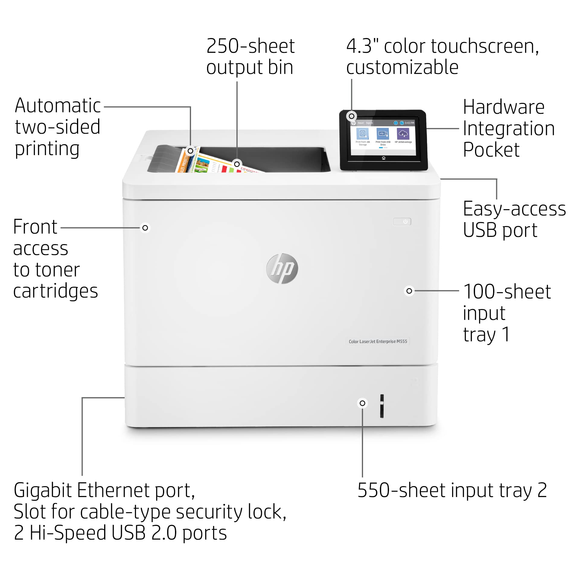 HP Color Laserjet Enterprise M555dn Print only Wired Laser Printer, 4.3" Touchscreen LCD Display, 40 ppm, 600 x 600 dpi, 1 GB Memory, Auto Duplex Printing, Ethernet, USB, Cbmou Printer Cable