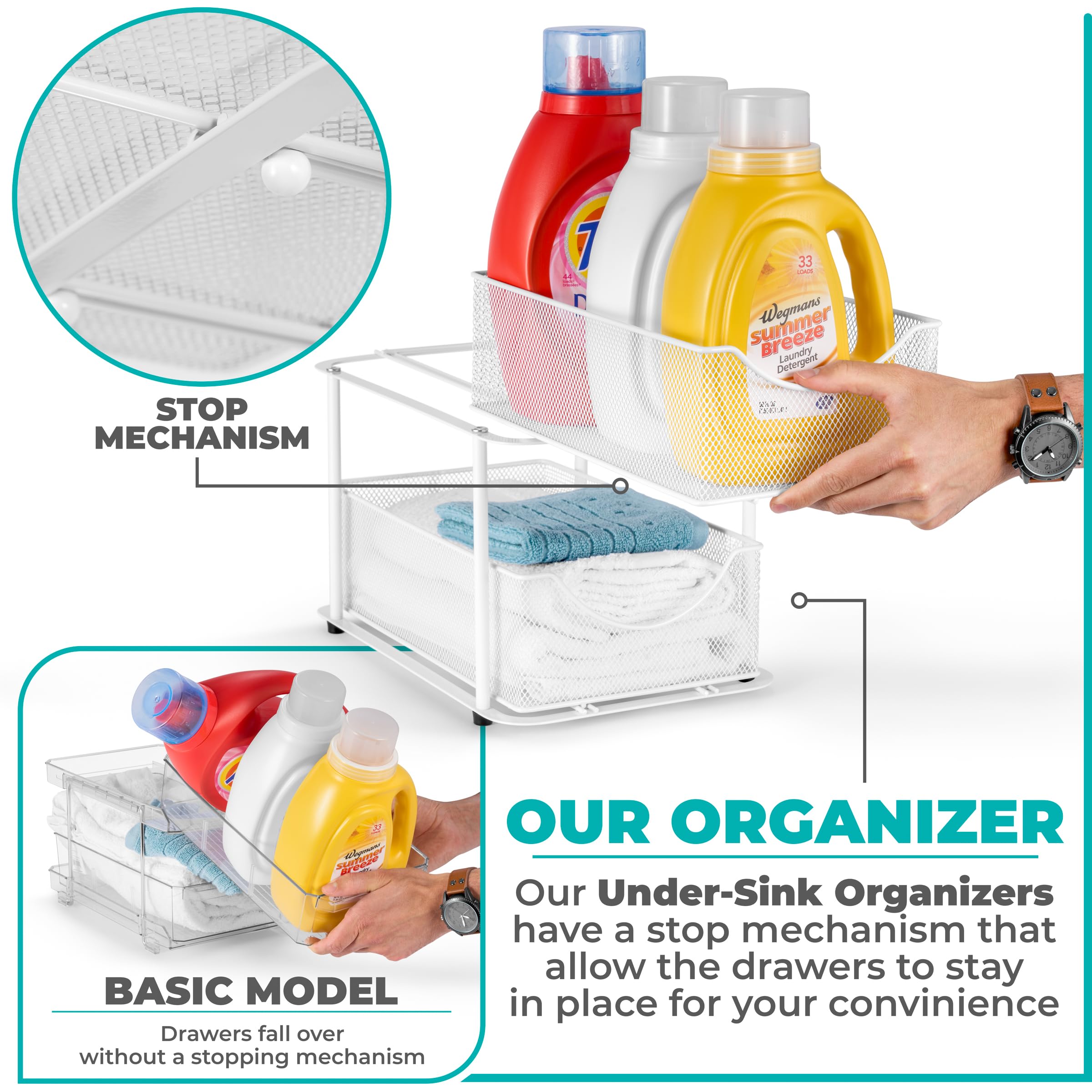 Sorbus 2 Tier Under the Sink Organizer Baskets with Mesh Sliding Drawers —Ideal for Cabinet, Countertop, Pantry, and Desktop, for Bathroom, Kitchen, Office, etc.—Made of Steel (White)