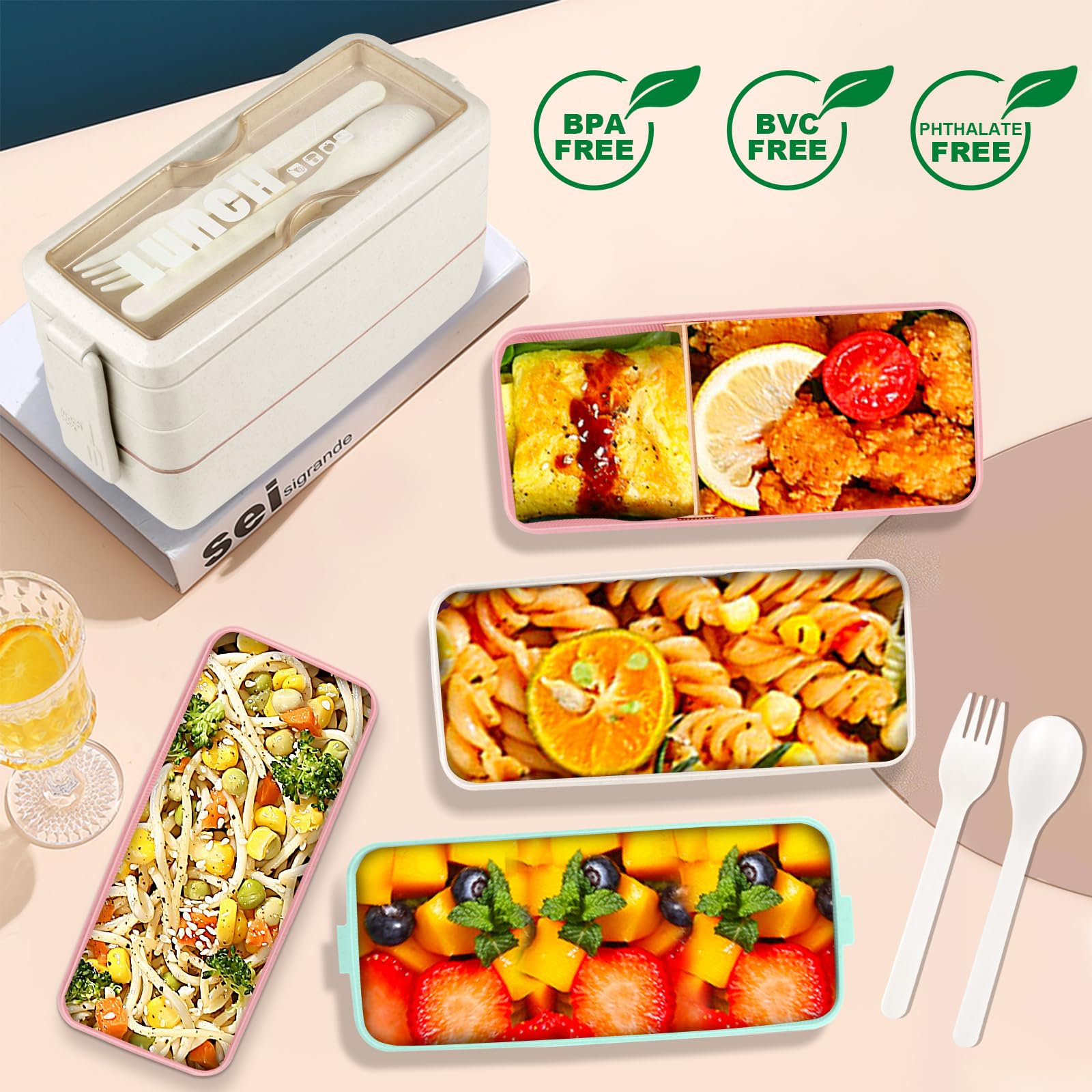 Stackable Bento Box with Lunch Bag, 3 Compartment Japanese Lunch Containers, Wheat Straw, All-in-1 Bento Lunch Box Kit for Adult Meal Prep Lunch Snack by Iteryn