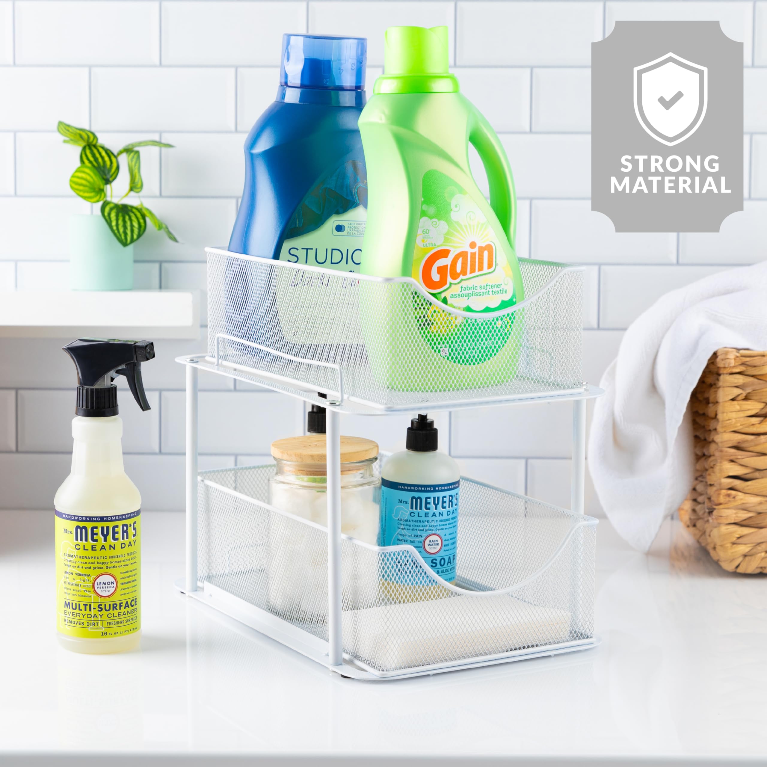 Sorbus 2 Tier Under the Sink Organizer Baskets with Mesh Sliding Drawers —Ideal for Cabinet, Countertop, Pantry, and Desktop, for Bathroom, Kitchen, Office, etc.—Made of Steel (White)