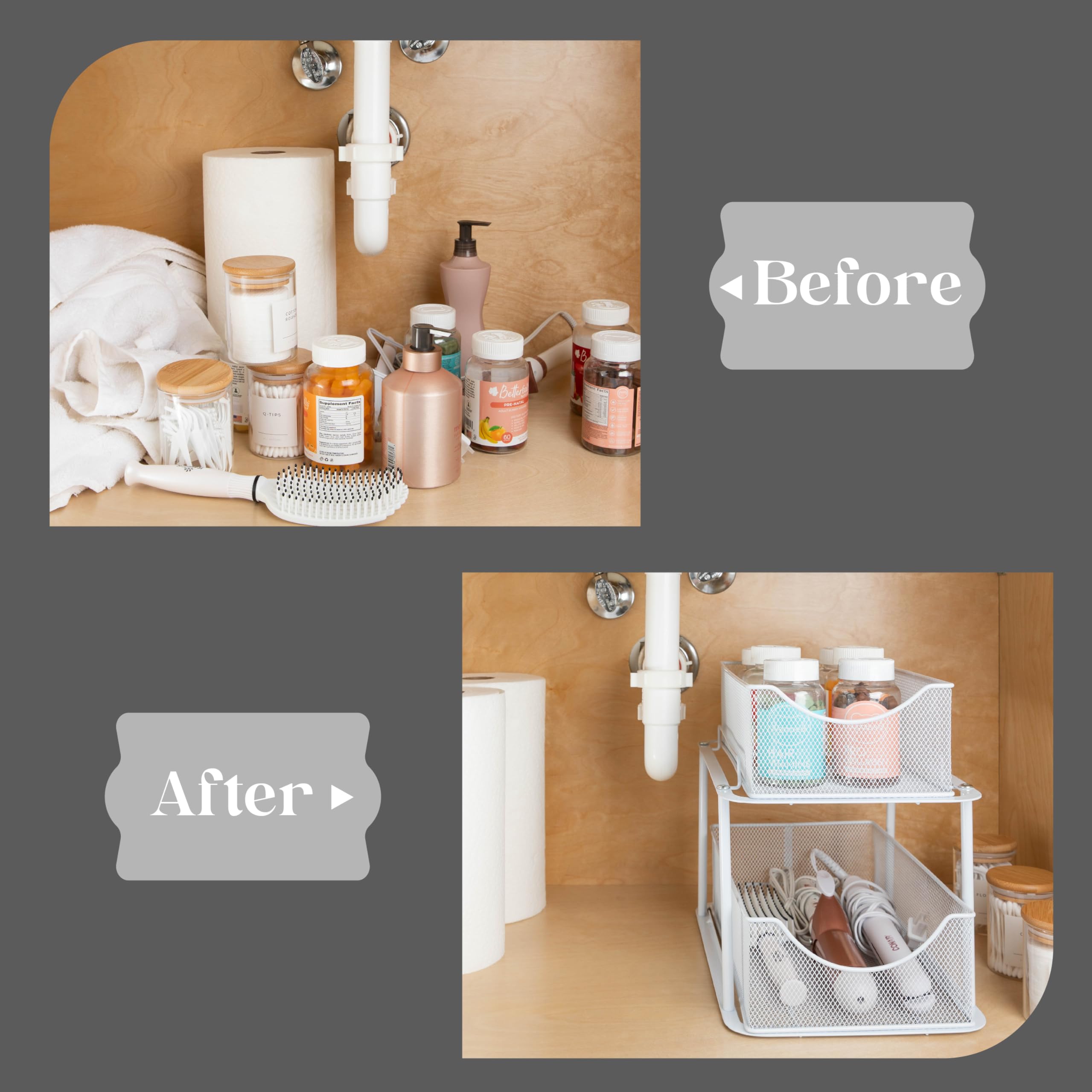 Sorbus 2 Tier Under the Sink Organizer Baskets with Mesh Sliding Drawers —Ideal for Cabinet, Countertop, Pantry, and Desktop, for Bathroom, Kitchen, Office, etc.—Made of Steel (White)