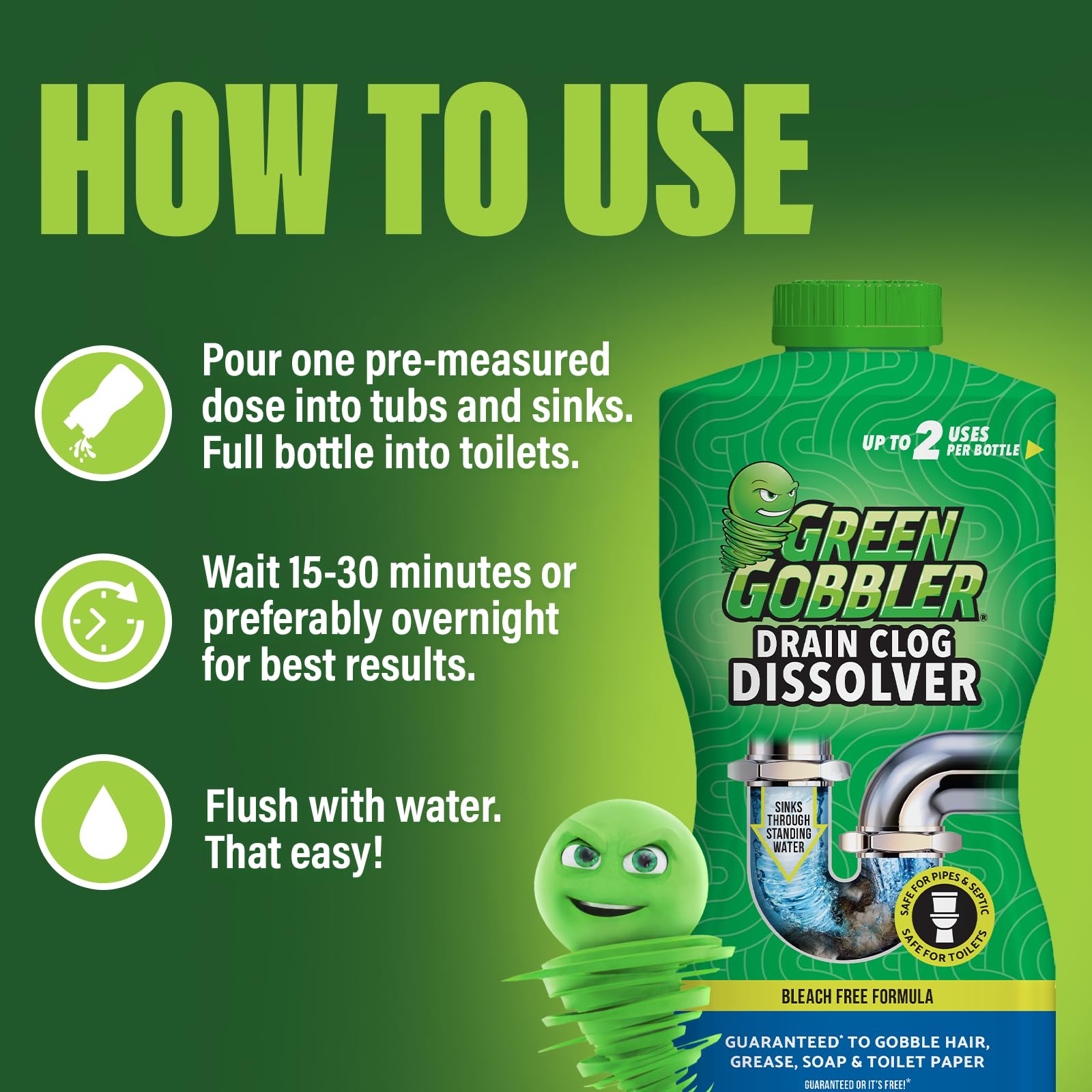 Green Gobbler Drain Clog Dissolver, Drain Opener-Cleaner ,Toilet Clog Remover, 31 oz
