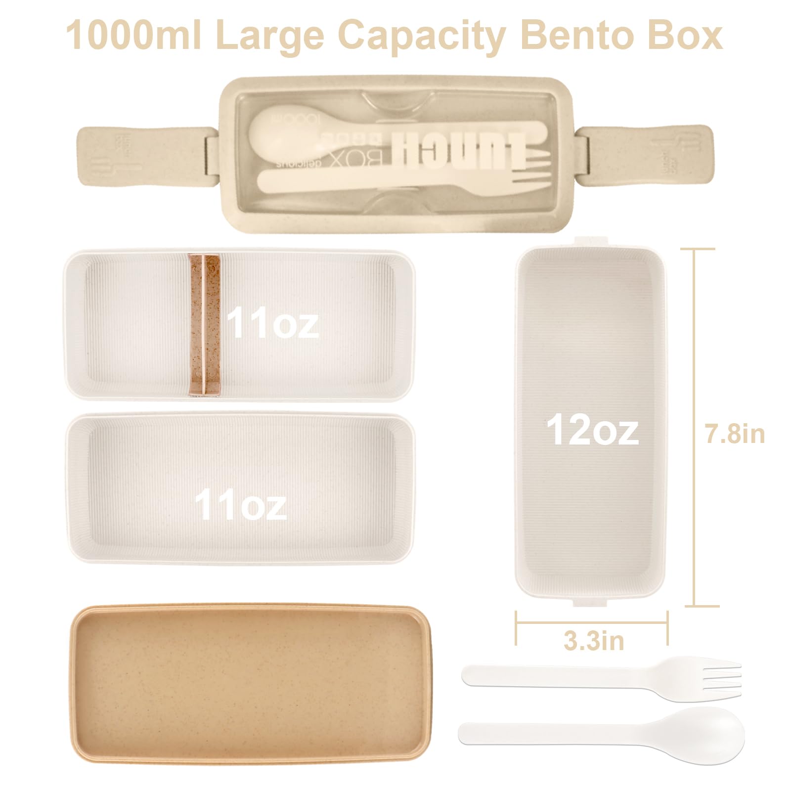 Stackable Bento Box with Lunch Bag, 3 Compartment Japanese Lunch Containers, Wheat Straw, All-in-1 Bento Lunch Box Kit for Adult Meal Prep Lunch Snack by Iteryn