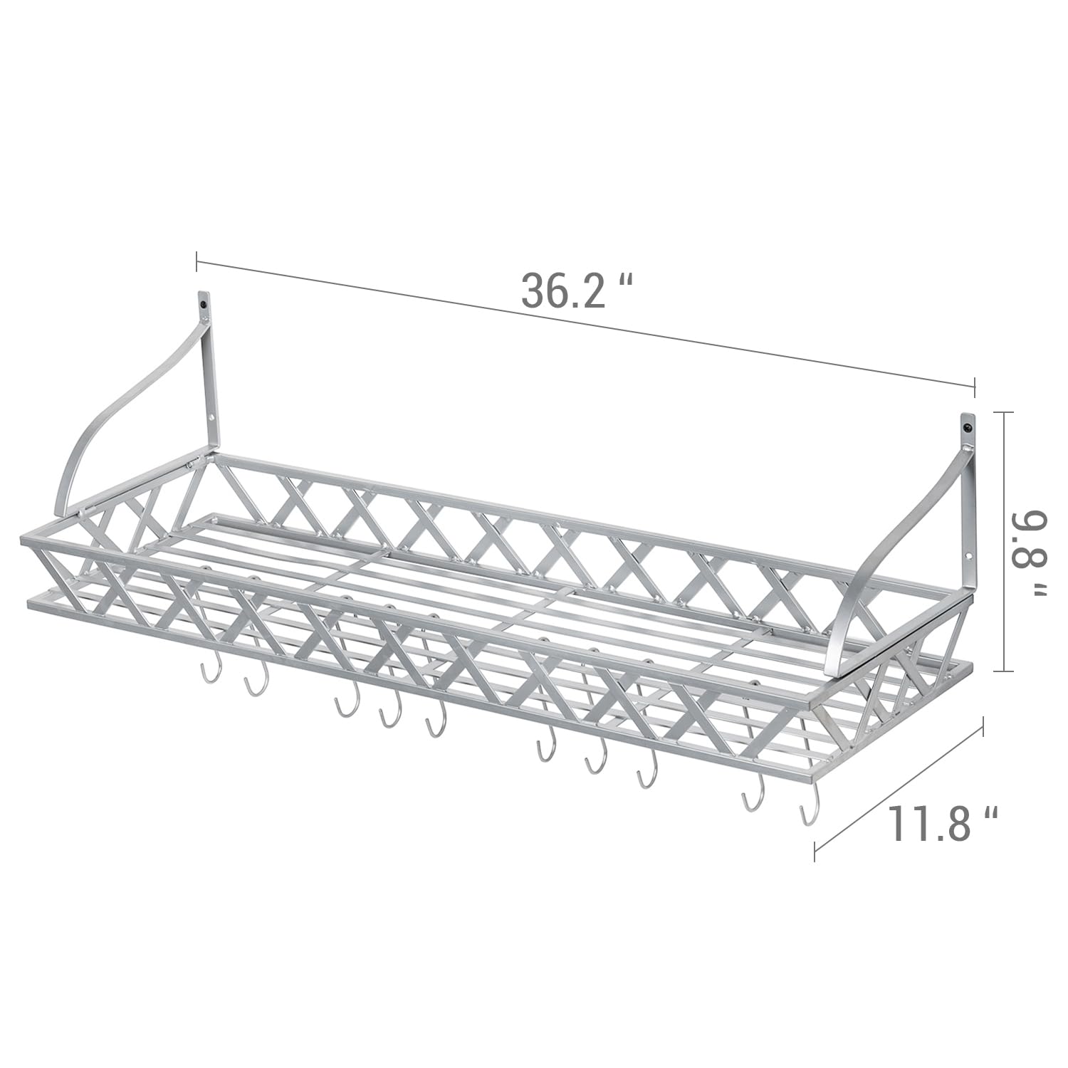 MyGift Wall Mounted Black Metal Kitchen Pots and Pans Storage Rack with Display Shelf Includes 12 Removable S Hooks
