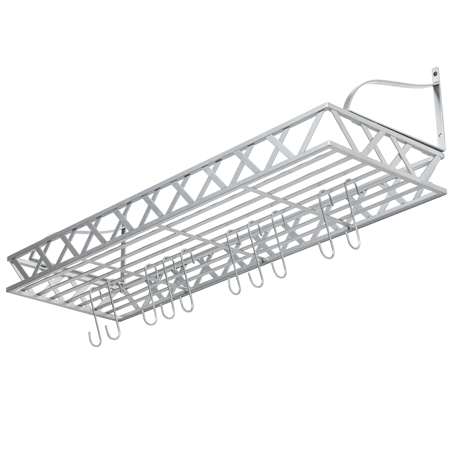 MyGift Wall Mounted Black Metal Kitchen Pots and Pans Storage Rack with Display Shelf Includes 12 Removable S Hooks