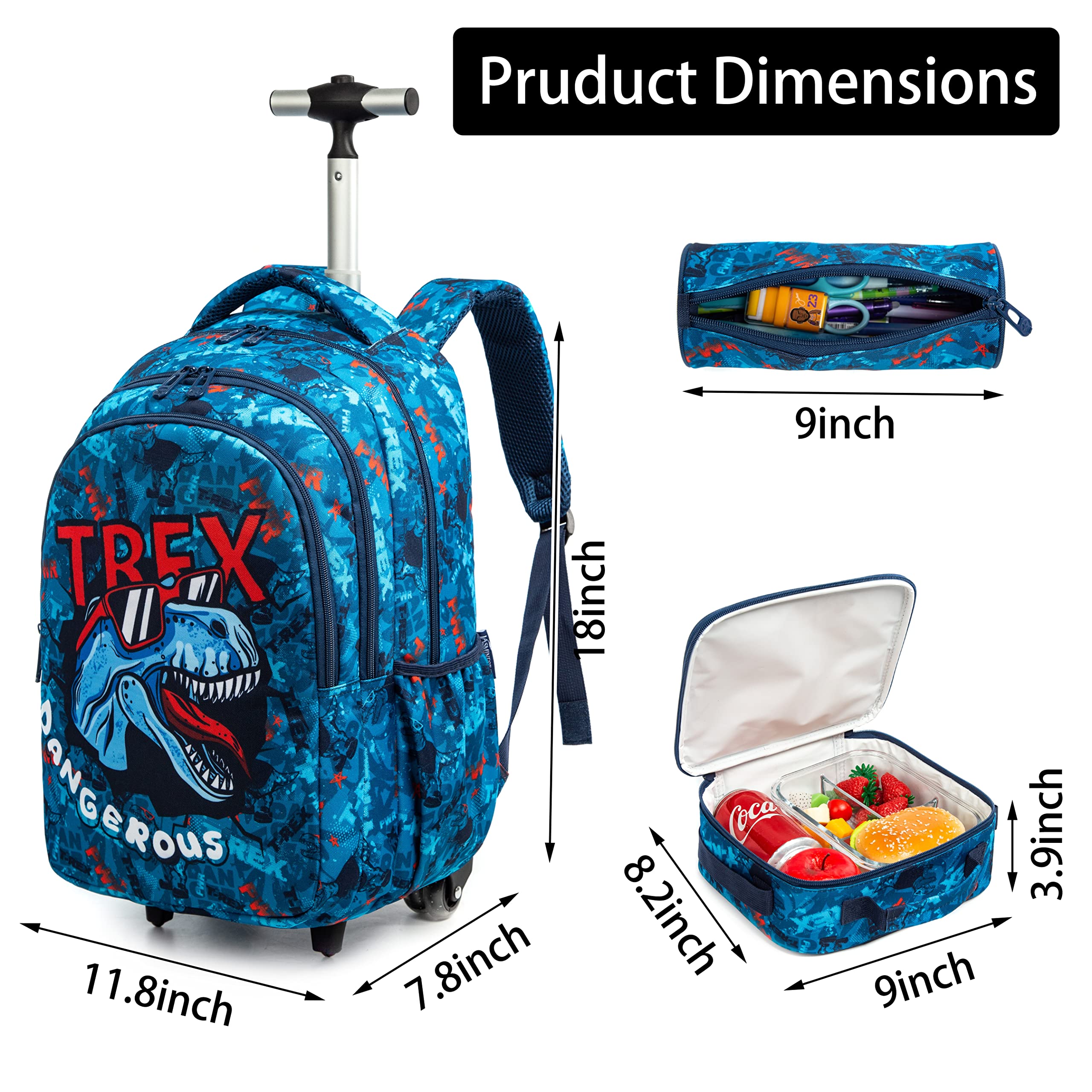 Jasminestar Rolling Backpack for Girls 18inch with Lunch Bag and Pencil Case, Lightweight School Bookbags for Boys and Girls