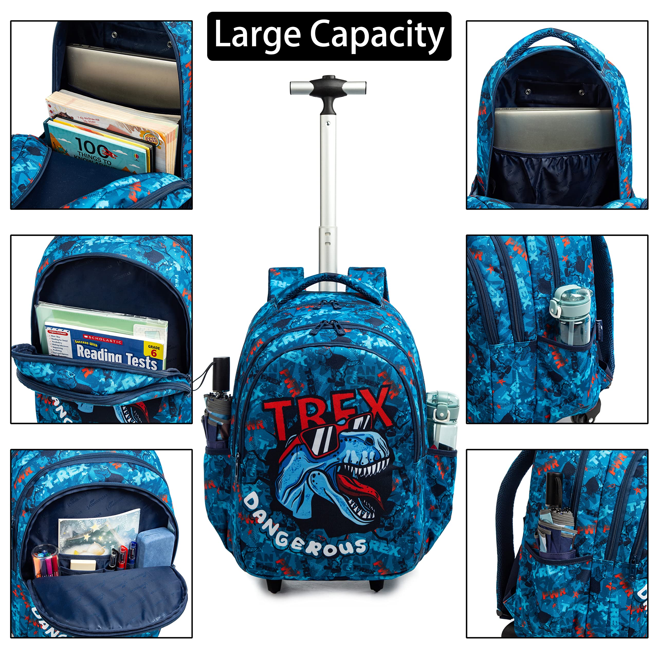 Jasminestar Rolling Backpack for Girls 18inch with Lunch Bag and Pencil Case, Lightweight School Bookbags for Boys and Girls