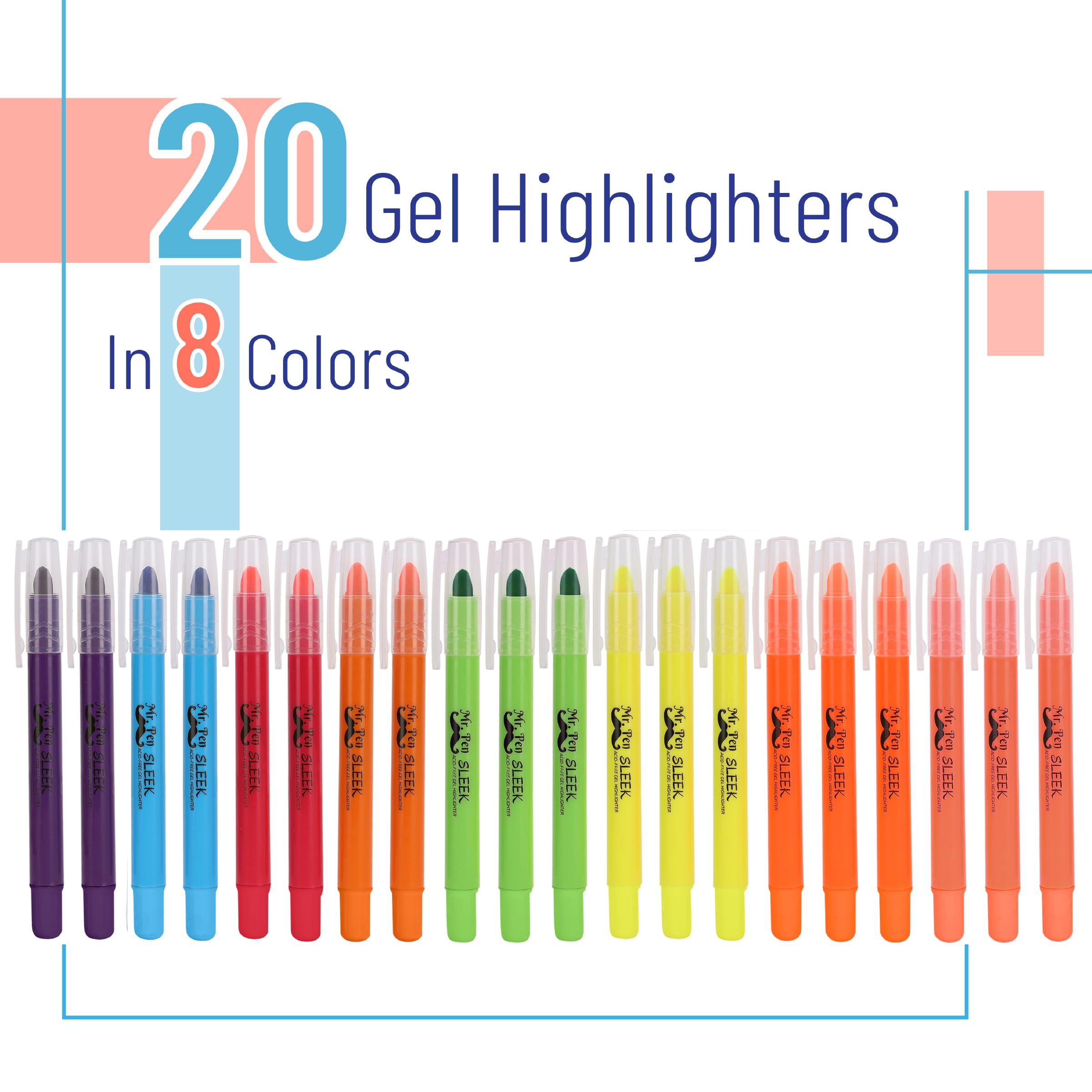 Mr. Pen No Bleed Gel Highlighter, Bible Highlighters, Assorted Colors, Pack of 20
