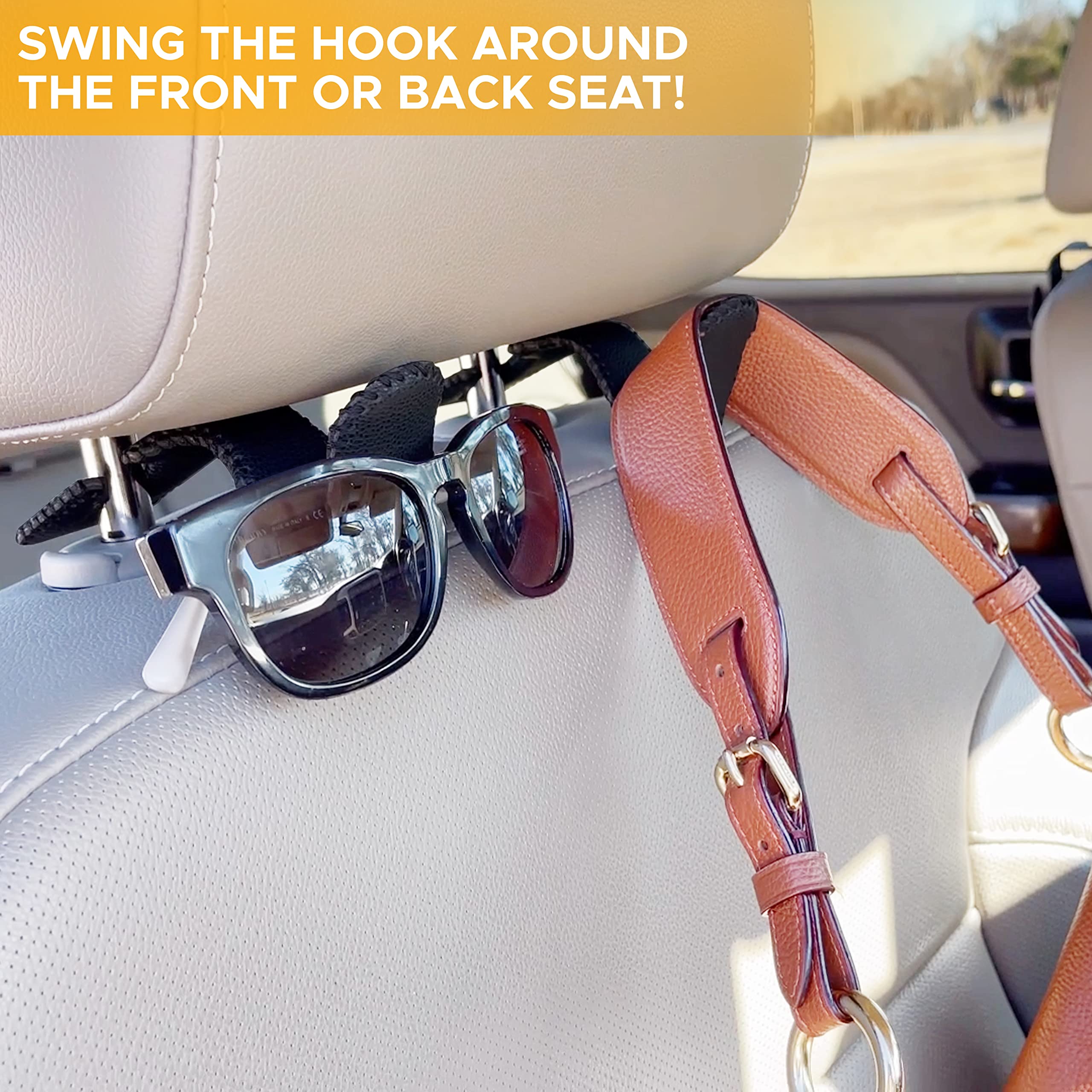 EcoNour Leather Car Seat Hooks (2 Pack Black) | Portable Bag Holder for Car to Keep Your Purse, Groceries & Handbags from Sliding Around | Headrest Hook with Crafted Stitches