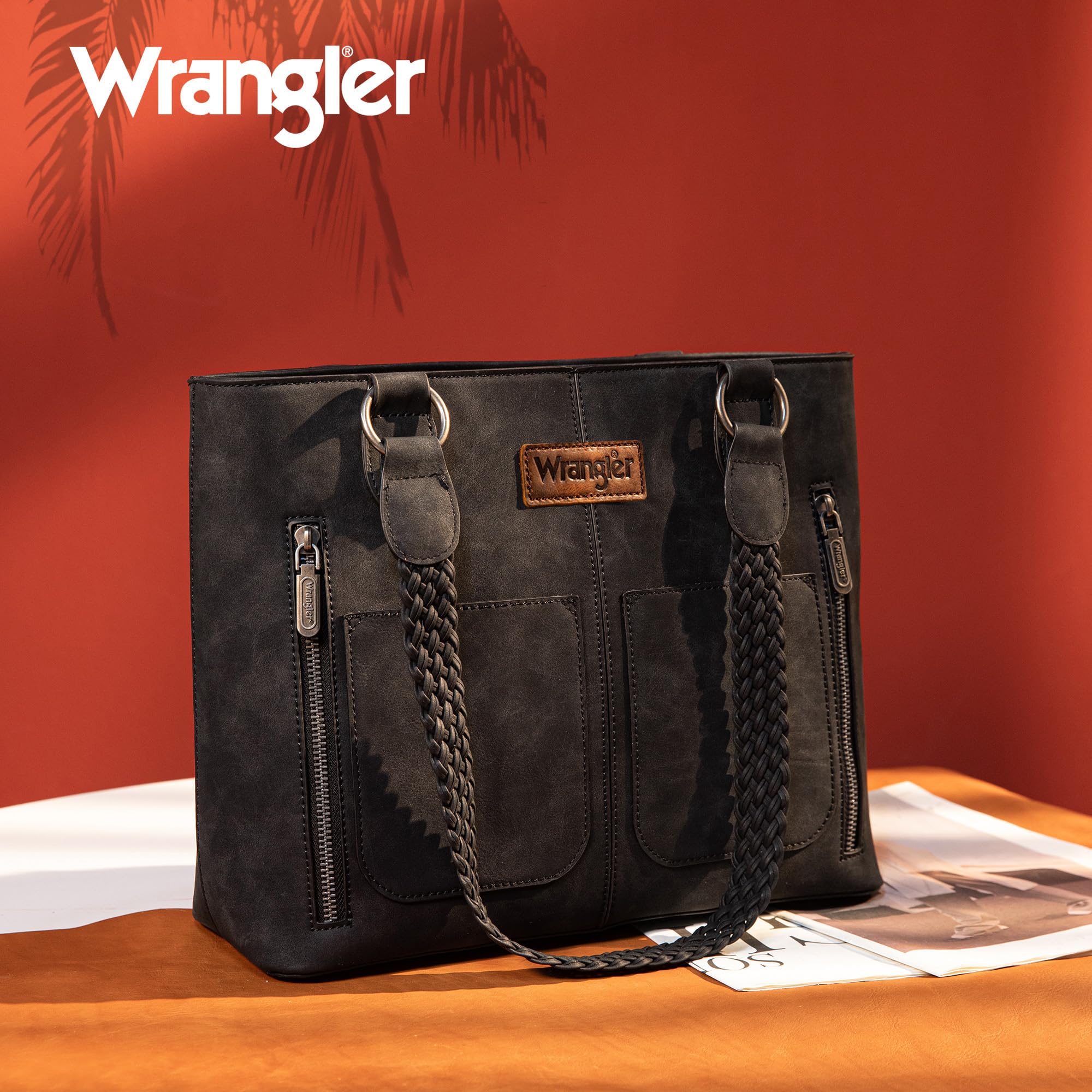 Wrangler Tote Bag for Women Multi Pockets shoulder bag western purse Medium leather like Handbags with Woven Top-Handle WG78-G8317BK