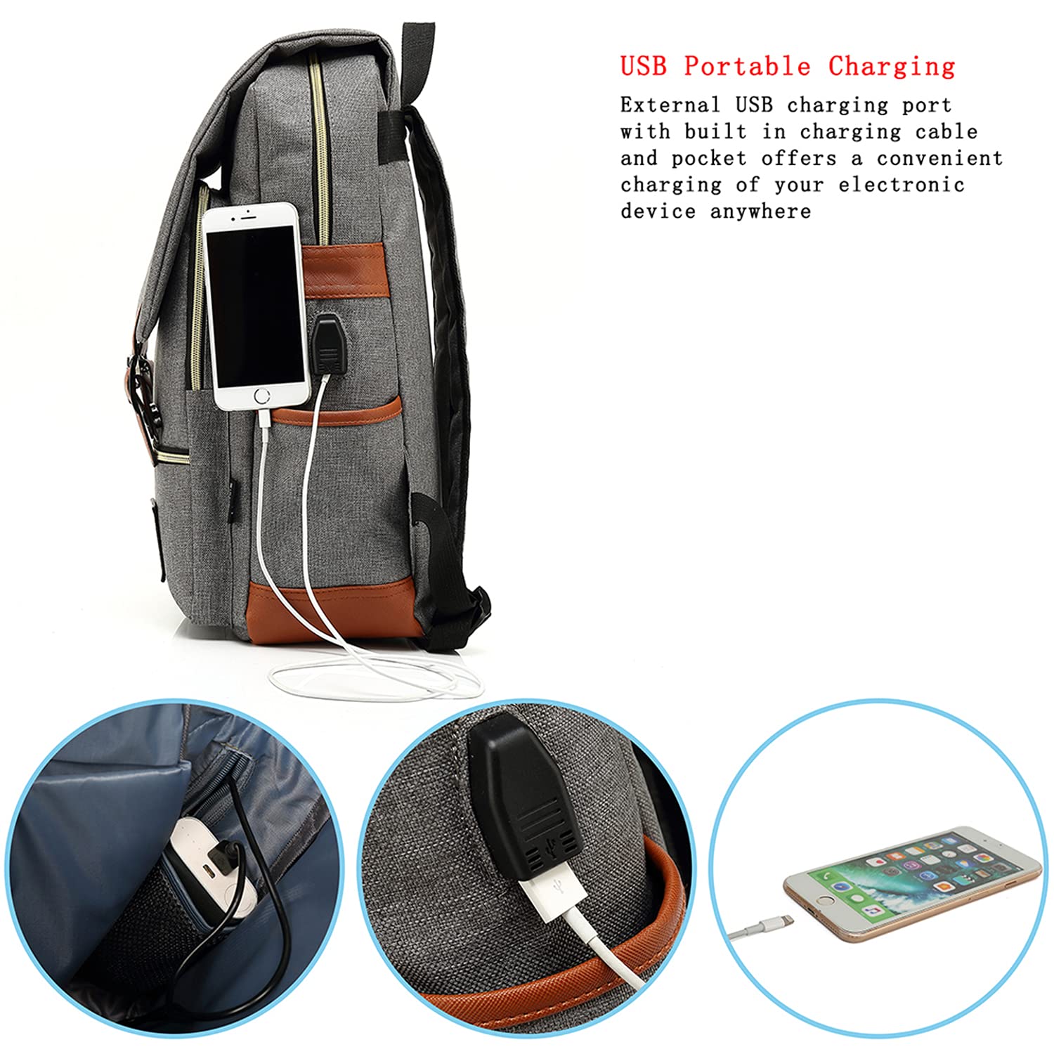 UGRACE Laptop Backpack, Grey, Unisex, 15.6" Laptop Compartment, 6 Compartments, USB Charge Port, Adjustable Shoulder Strap, PU Leather Belt