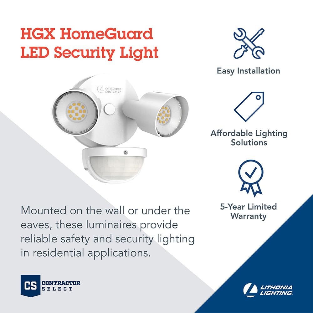 Lithonia Lighting HGX LED 2RH 40K 120 MO WH M2 HomeGuard Security Flood Lights, 4000 Lumens, 2-Light, Photocell Sensor and Motion Detection, White