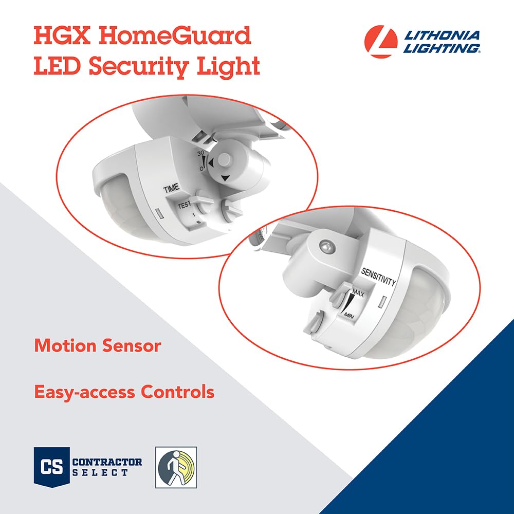 Lithonia Lighting HGX LED 2RH 40K 120 MO WH M2 HomeGuard Security Flood Lights, 4000 Lumens, 2-Light, Photocell Sensor and Motion Detection, White