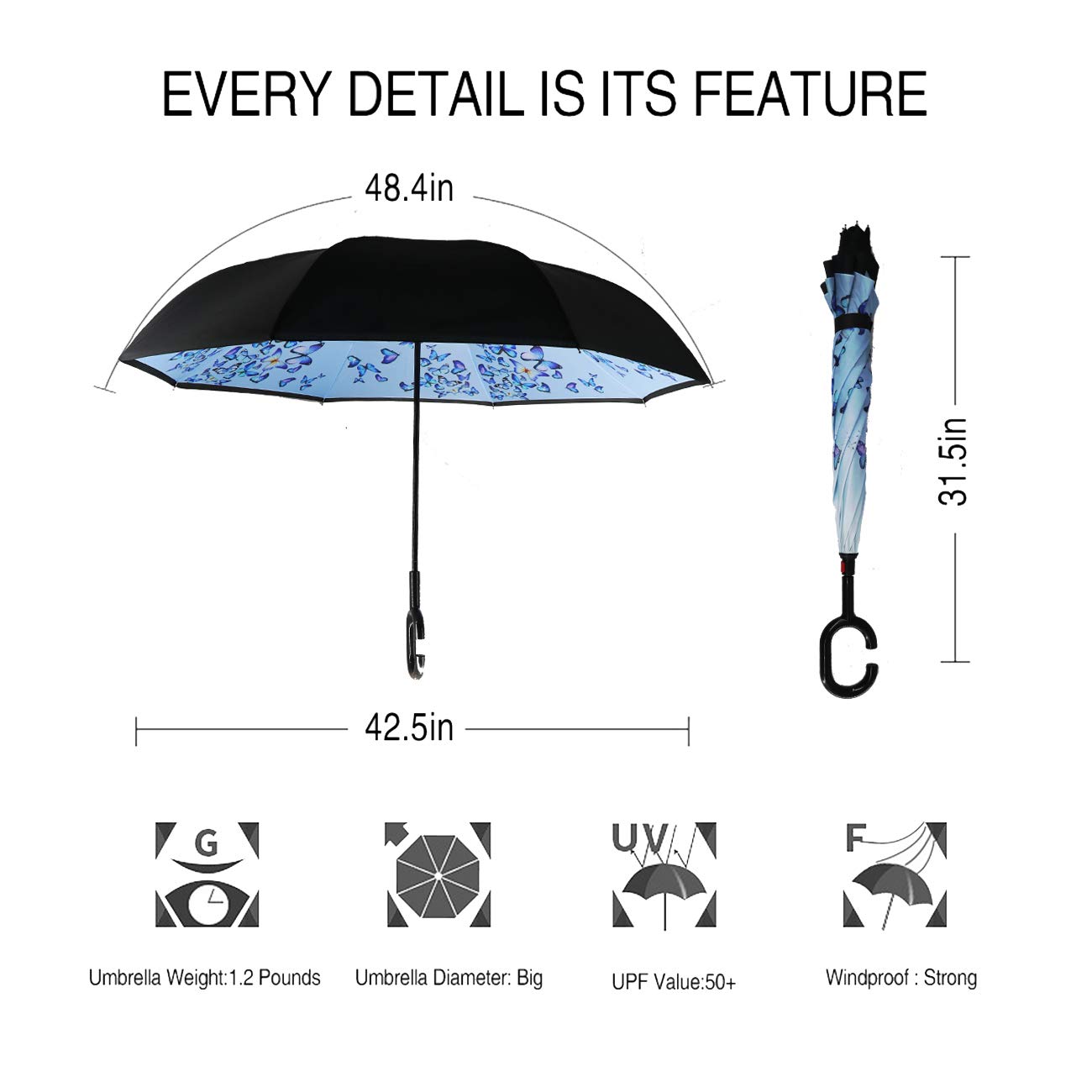 MRTLLOA 40/49/56 Inch Oversize Windproof Inverted Reverse Upside Down Umbrella, Golf Size Rain Umbrella, Double Layer, C-Shaped Handle for Men, Women and Kids (Orchid Butterfly, 49 Inch)