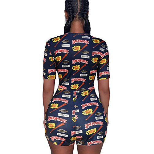 Multitrust Women Sexy Deep V Neck Funny Print Jumpsuit Rompers Button Down Pajama Rompers Stretch Bodysuits (Backwoods Navy Blue, L)