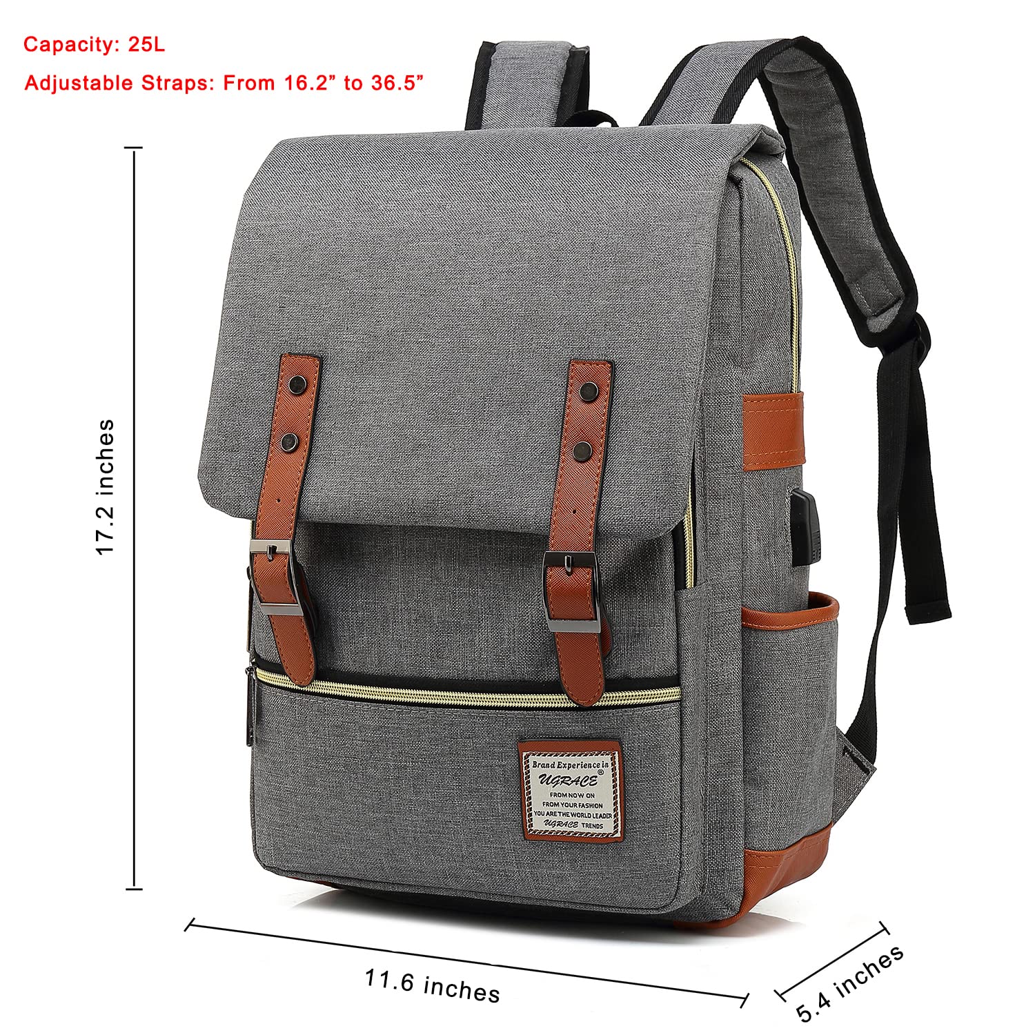 UGRACE Laptop Backpack, Grey, Unisex, 15.6" Laptop Compartment, 6 Compartments, USB Charge Port, Adjustable Shoulder Strap, PU Leather Belt