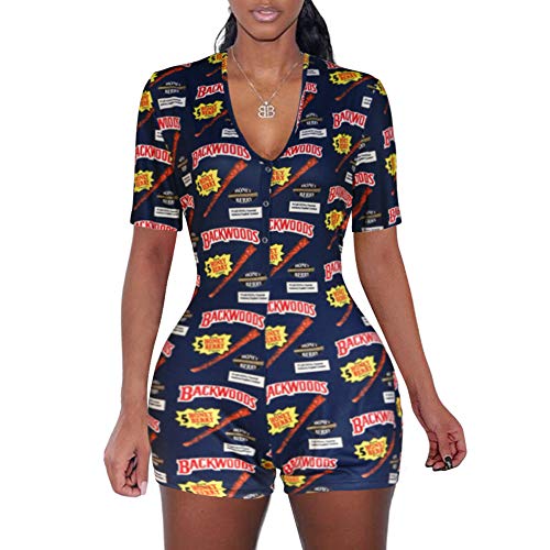 Multitrust Women Sexy Deep V Neck Funny Print Jumpsuit Rompers Button Down Pajama Rompers Stretch Bodysuits (Backwoods Navy Blue, L)