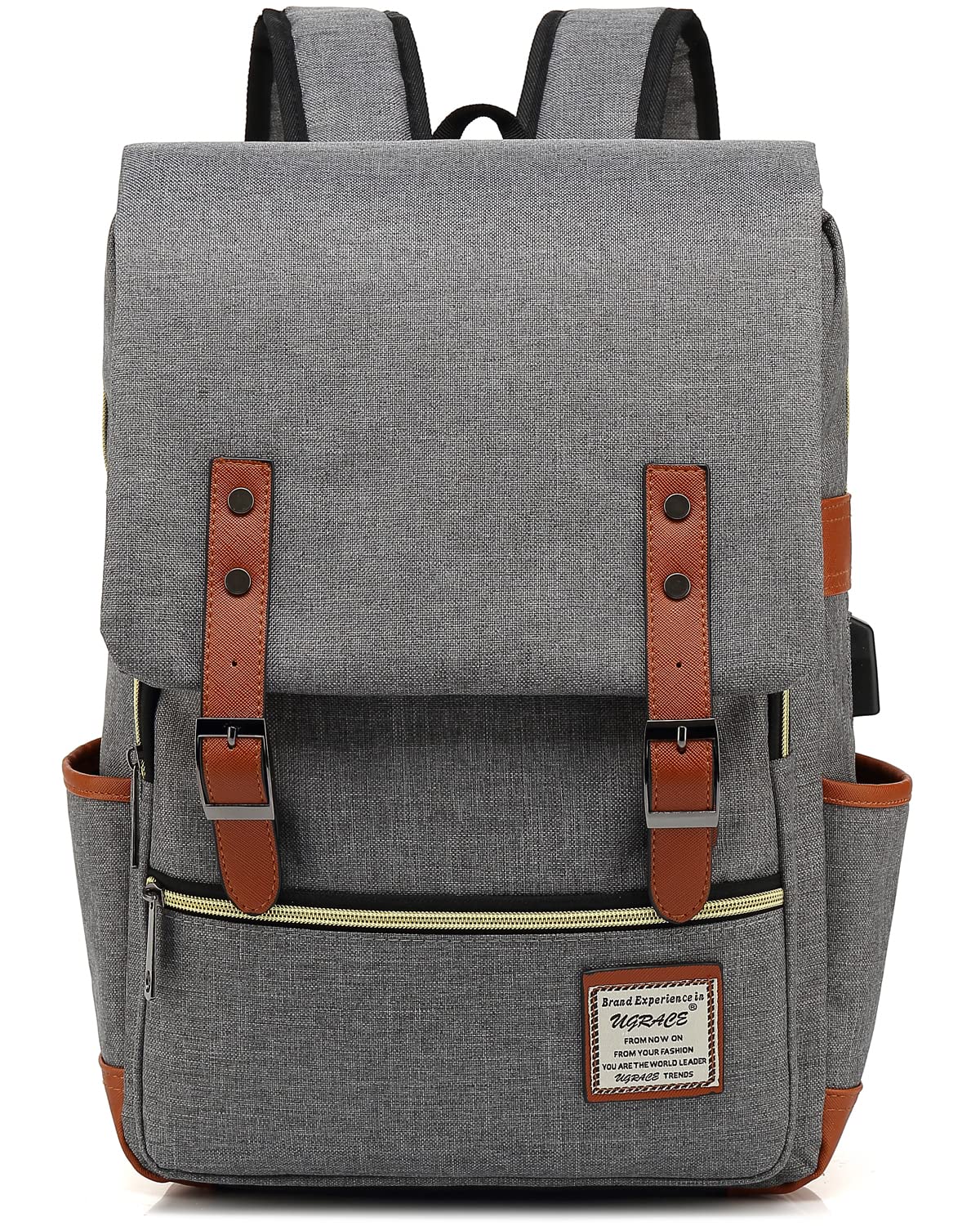 UGRACE Laptop Backpack, Grey, Unisex, 15.6" Laptop Compartment, 6 Compartments, USB Charge Port, Adjustable Shoulder Strap, PU Leather Belt