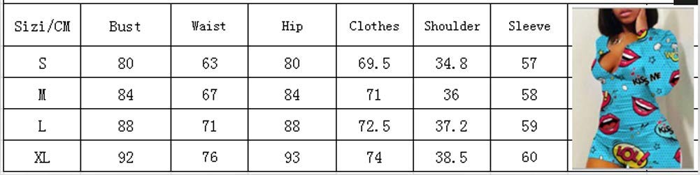 zhangqing Women 's V-Neck Bodysuit Jumpsuits Print Short Onesies Stretch Long Sleeve Pajama Romper (Blue Lips on Rose red, L)