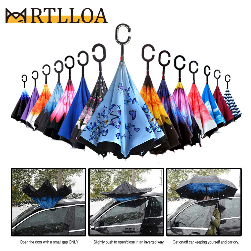 MRTLLOA 40/49/56 Inch Oversize Windproof Inverted Reverse Upside Down Umbrella, Golf Size Rain Umbrella, Double Layer, C-Shaped Handle for Men, Women and Kids (Orchid Butterfly, 49 Inch)
