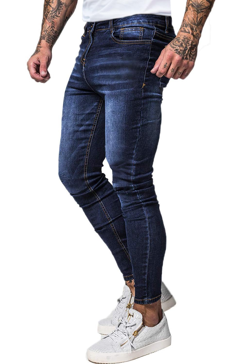 GINGTTO Skinny Jeans for Men Slim FIt Stretch Elastic Waist Mens Pant High Rise 32x30 Dark Blue