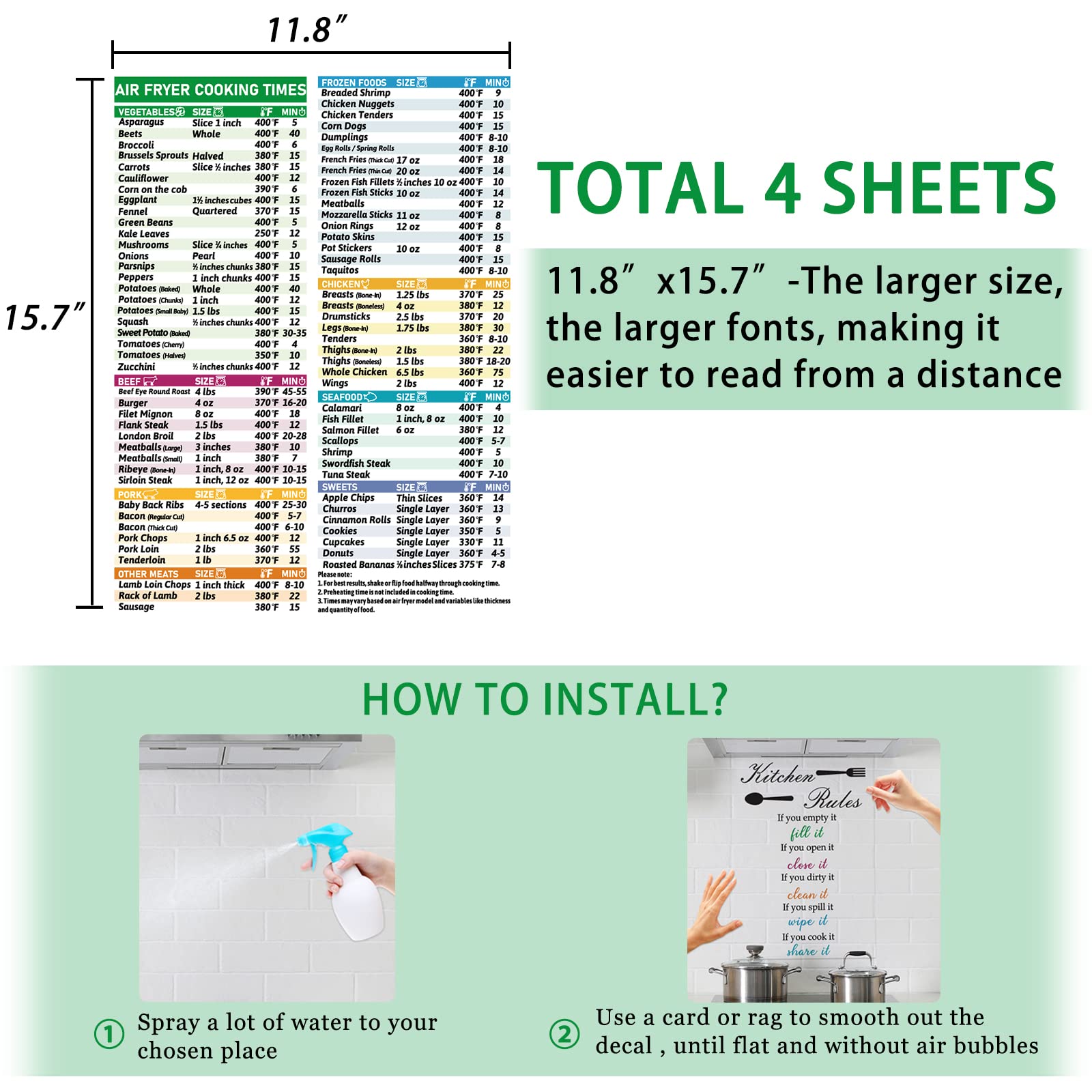 4 PCS, Large Print Air Fryer Cooking Times Chart Clear Sticker, Kitchen Measurement Conversion Chart, Meat Temperature Chart, Kitchen Rules, Cookbook Cheat Sheet, Removable Oil Proof Wall Protector