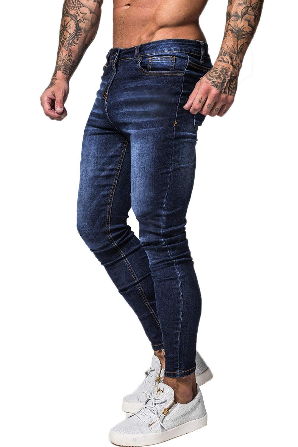 GINGTTO Skinny Jeans for Men Slim FIt Stretch Elastic Waist Mens Pant High Rise 32x30 Dark Blue