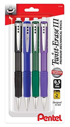 Pentel Twist Erase III Premium Mechanical Pencil 0.5mm 4 pack Assorted Barrels (1 each Black, Blue, Green, Violet)