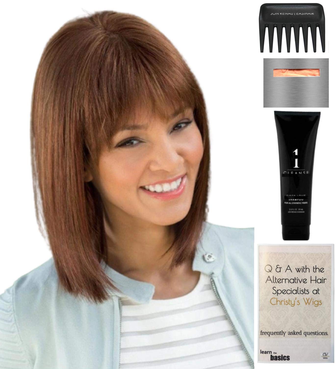 Bundle - 5 Items: Tatum Wig by Amore, Christy's Wigs Q & A Booklet, 2oz Travel Size Wig Shampoo, Wig Cap & Wide Tooth Comb - Color: CREAMY TOFFEE