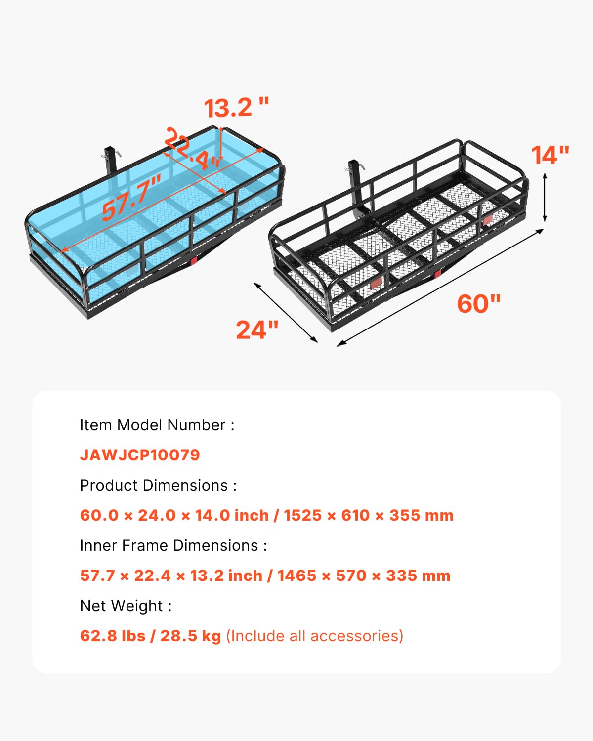 VEVOR 60x24x14 in Hitch Cargo Carrier, 400lbs Capacity Folding Trailer Hitch Mount Cargo Basket, Steel Luggage Carrier Rack Fits 2" Hitch Receiver for SUV Pickup Truck