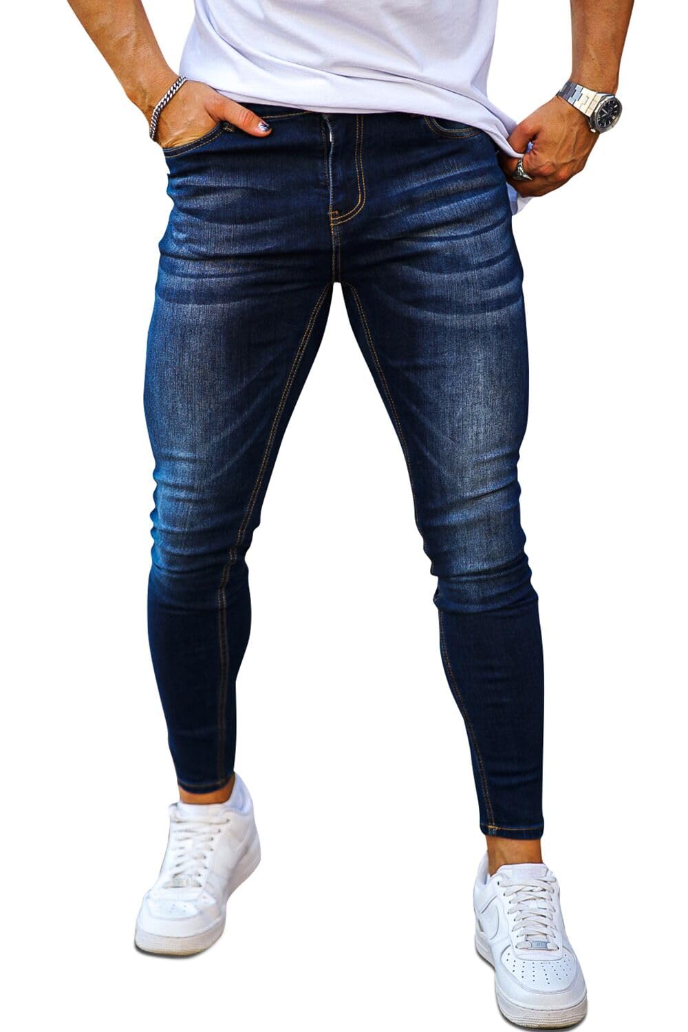 GINGTTO Skinny Jeans for Men Slim FIt Stretch Elastic Waist Mens Pant High Rise 32x30 Dark Blue