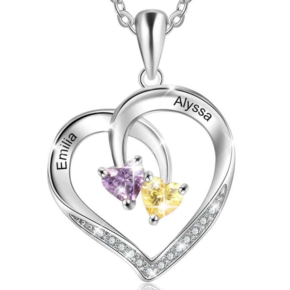 Name Necklace Gifts for Women - Necklace Birthstone Necklace for Women Personalized Valentines Day Gifts for Her Custom Heart Necklace Charm with 2 Names Gifts for Mom Daughter Best Friend