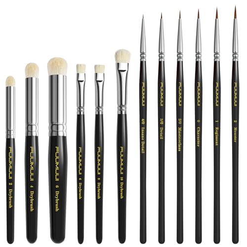 Miniature Paint Brushes Dry Brush Set, 12pcs Miniature Painting Modeling Fine Detail Paint Brush Set, Drybrush Paint Brush for Miniature, Vallejo, Model, Citadel, Figurine