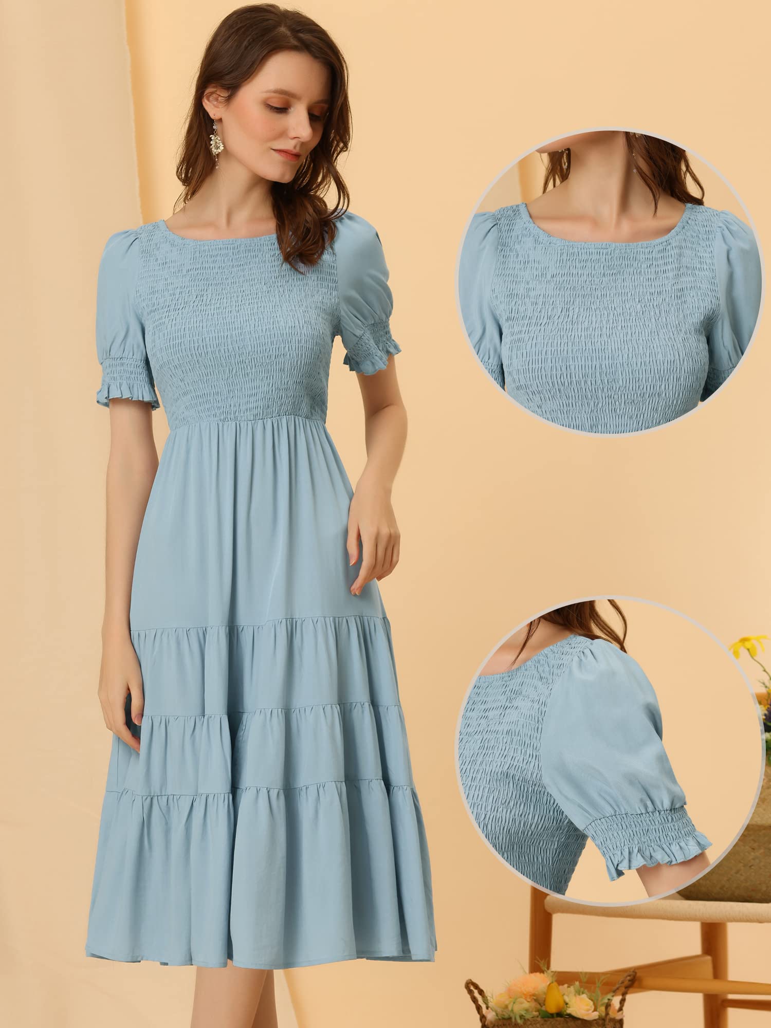 Allegra K Peasant Smocked Dress for Women's Short Sleeve Midi Summer Casual Tiered A-Line Dress Medium Blue