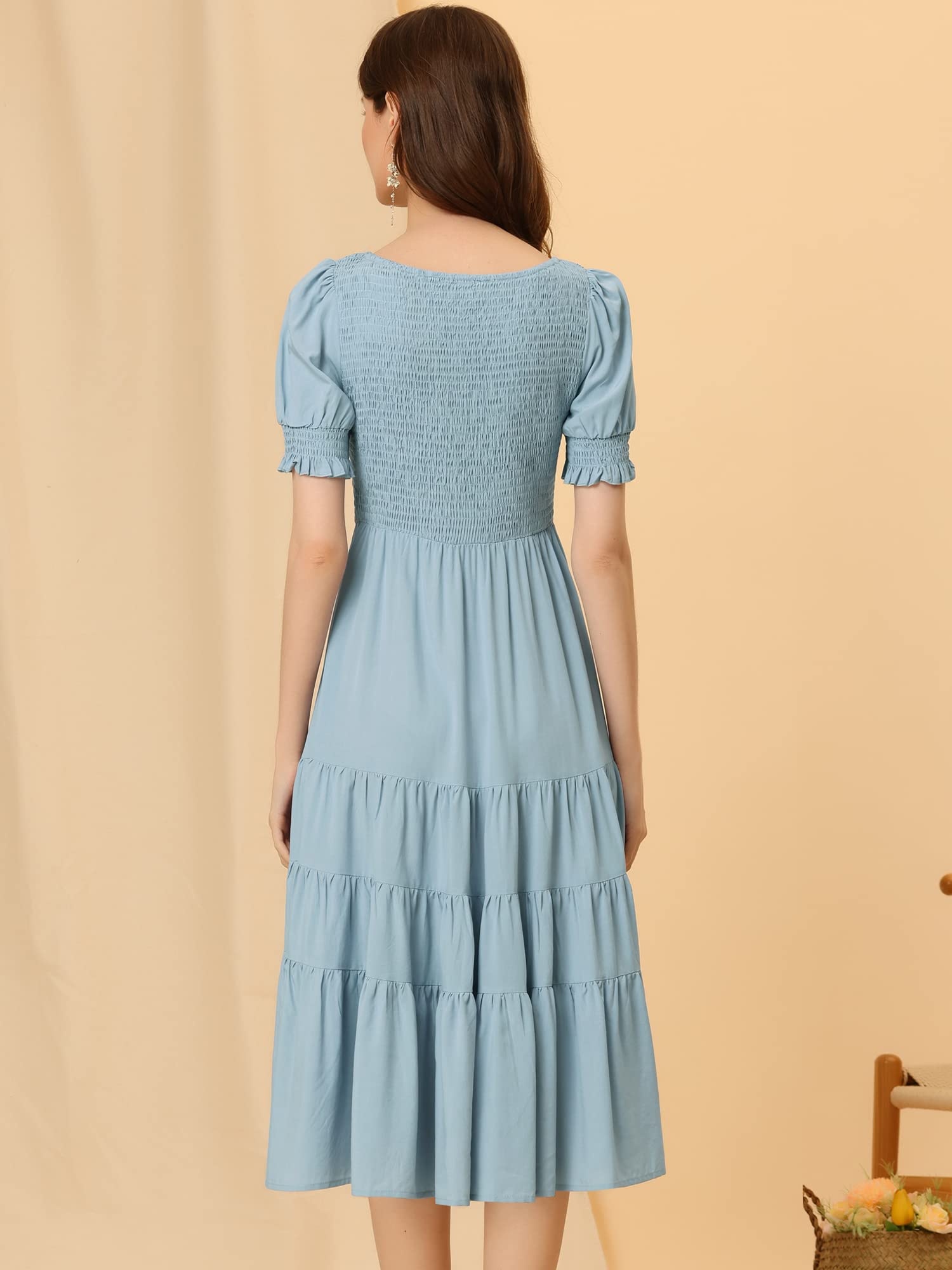 Allegra K Peasant Smocked Dress for Women's Short Sleeve Midi Summer Casual Tiered A-Line Dress Medium Blue