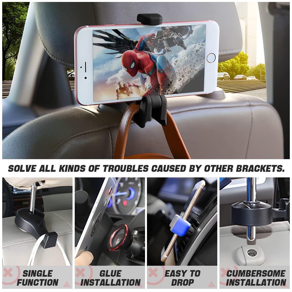 2PCS Car Headrest Hidden Hook, 2 in 1 Multifunctional Car Seat Back Hanger Storage Hook with Phone Holder, Automotive 360° Rotation Headrest Purse Handbag Holder Universal for Toys Groceries (Blue)