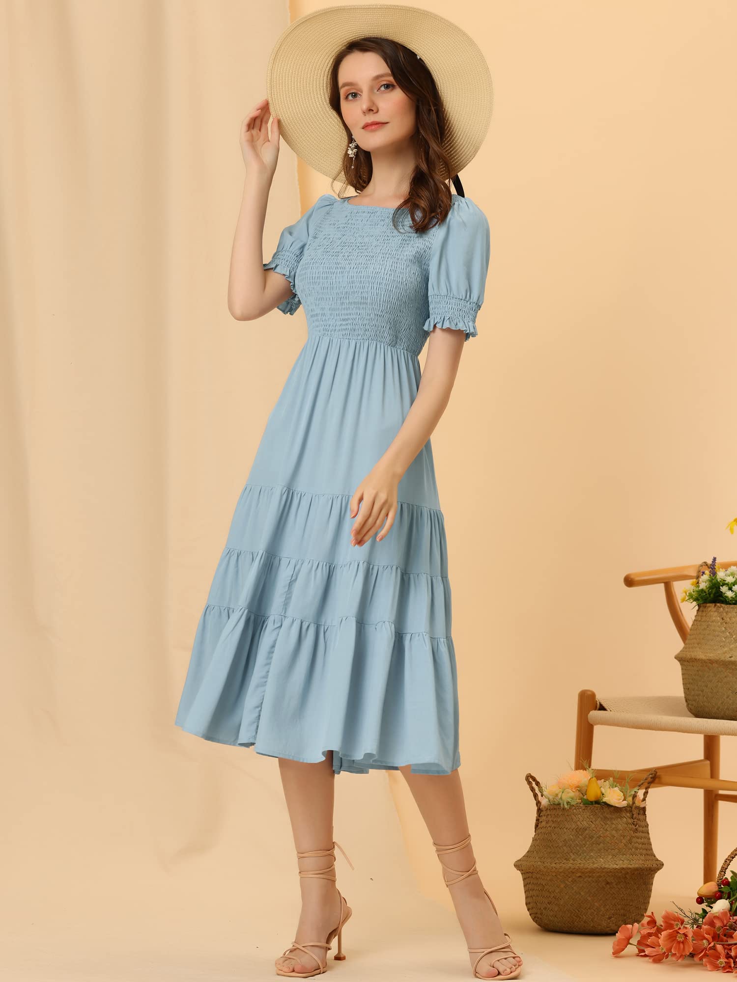 Allegra K Peasant Smocked Dress for Women's Short Sleeve Midi Summer Casual Tiered A-Line Dress Medium Blue