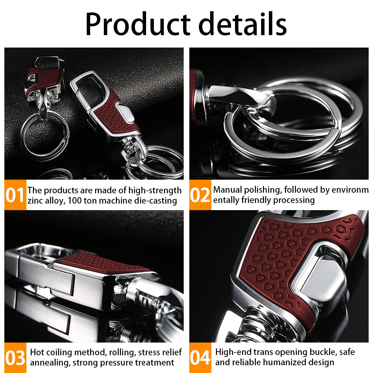 Car Key Chain, Heavy Duty Stainless Steel Keys Holder with D Ring, One Click Release Keychain Organizer for Men Women (Brown/Red)
