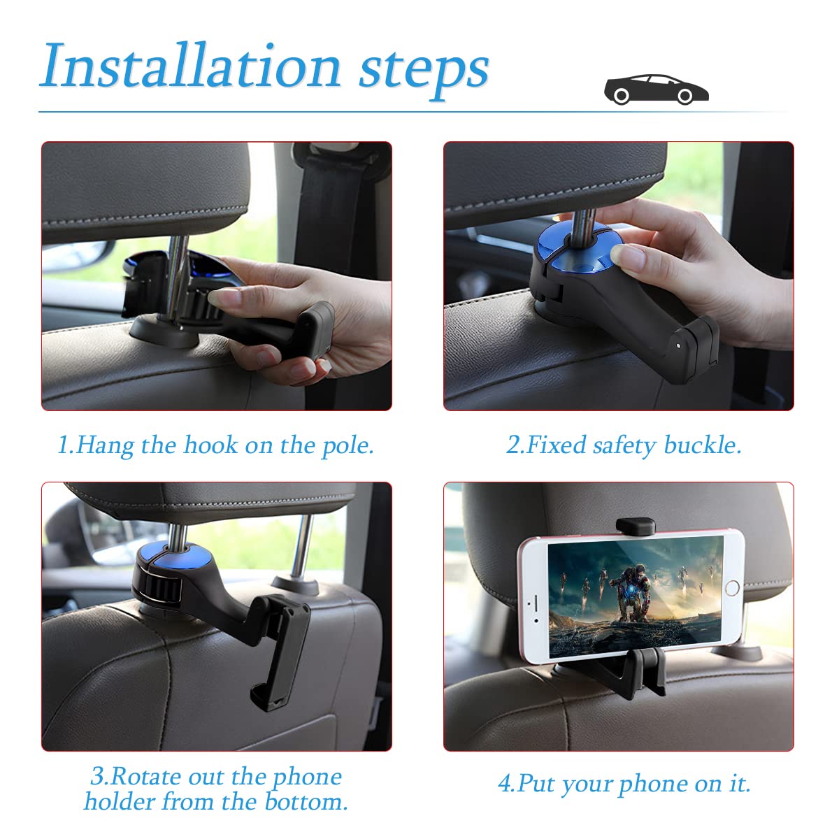 2PCS Car Headrest Hidden Hook, 2 in 1 Multifunctional Car Seat Back Hanger Storage Hook with Phone Holder, Automotive 360° Rotation Headrest Purse Handbag Holder Universal for Toys Groceries (Blue)