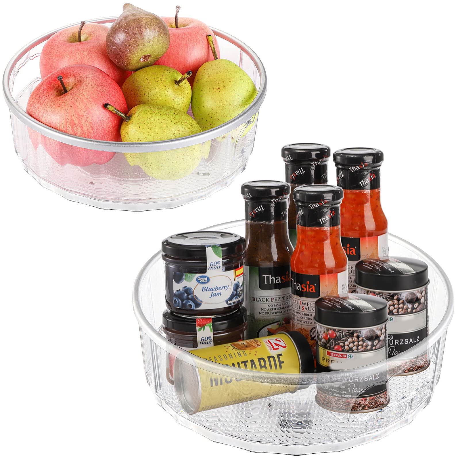 Hedume Set of 2 Lazy Susan Turntable with Handle, Basics Plastic Kitchen Turntable, Multifunctional Spice Racks Organizer, 360 Degree Rotating Food Storage Container for Refrigerator or Countertop