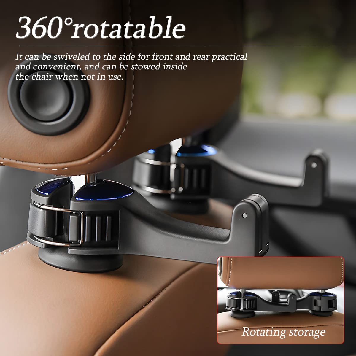 2PCS Car Headrest Hidden Hook, 2 in 1 Multifunctional Car Seat Back Hanger Storage Hook with Phone Holder, Automotive 360° Rotation Headrest Purse Handbag Holder Universal for Toys Groceries (Blue)