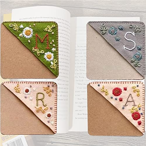 Personalized Hand Embroidered Corner Bookmark,Hand Stitched Felt Corner Bookmark,Cute Flower Letter Embroidery Bookmarks for Book Reading Lovers Meaningful Gift(4 PCS)