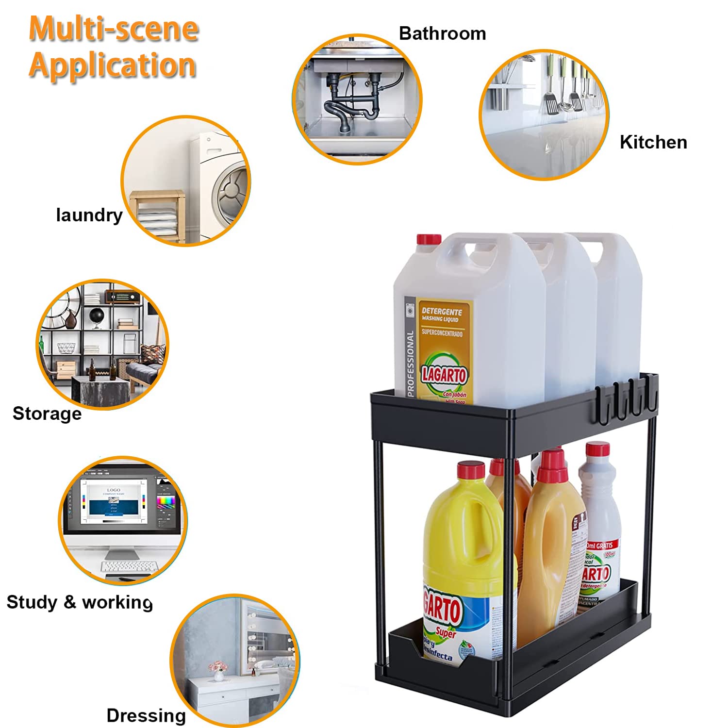 2 Pack Under Sink Organizer Storage with Sliding Cabinet Basket 2 Tier Multi-Purpose Under Sink Organizer and Storage for Bathroom Kitchen with 4 Hooks,2 Pack,Black