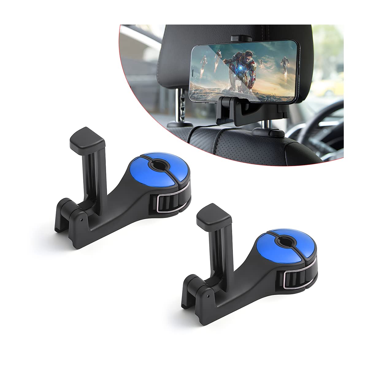 2PCS Car Headrest Hidden Hook, 2 in 1 Multifunctional Car Seat Back Hanger Storage Hook with Phone Holder, Automotive 360° Rotation Headrest Purse Handbag Holder Universal for Toys Groceries (Blue)