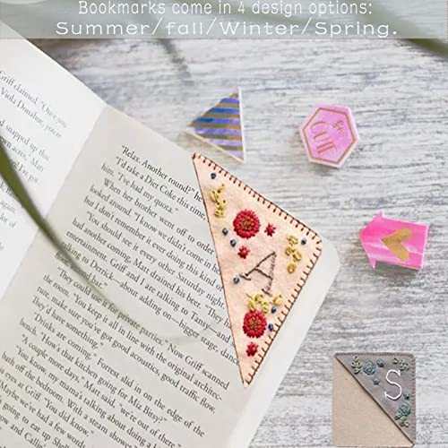 Personalized Hand Embroidered Corner Bookmark,Hand Stitched Felt Corner Bookmark,Cute Flower Letter Embroidery Bookmarks for Book Reading Lovers Meaningful Gift(4 PCS)