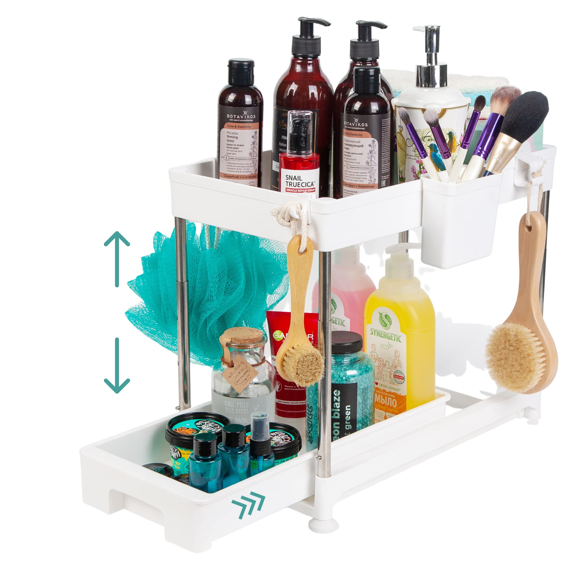 MrSmartSpace Under Sink Organizers and Storage, Adjustable Height 2 Tier Sliding Bathroom Basket, Under Cabinet Storage Shelf, Kitchen Storage Rack with Hooks, Hanging Cup, Dividers, White